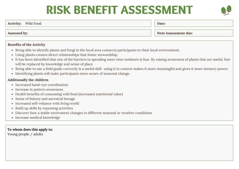 Sample Forest School Risk Benefit Assessment | The Outdoor Teacher